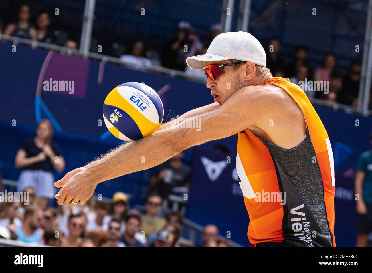 Steven van de Velde of the Netherlands in action during the CEV Beach ...