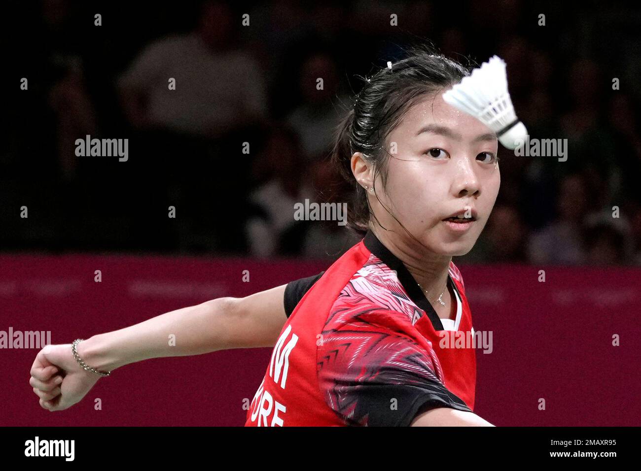 Jia Min Yeo of Singapore plays a return to Venkata Sindhu Pusarla of ...