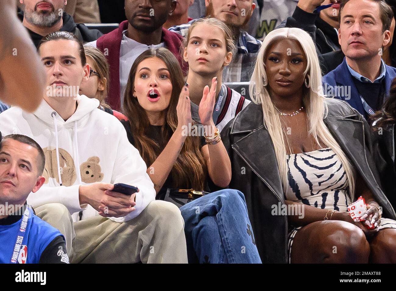Thylane Blondeau and Ben, Singer Aya Nakamura attend the NBA Paris Game ...