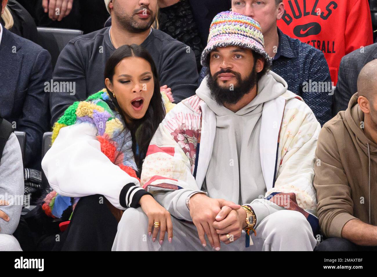 Joakim Noah and dis wife Lais Ribeiro attend the NBA Paris Game 2023 ...