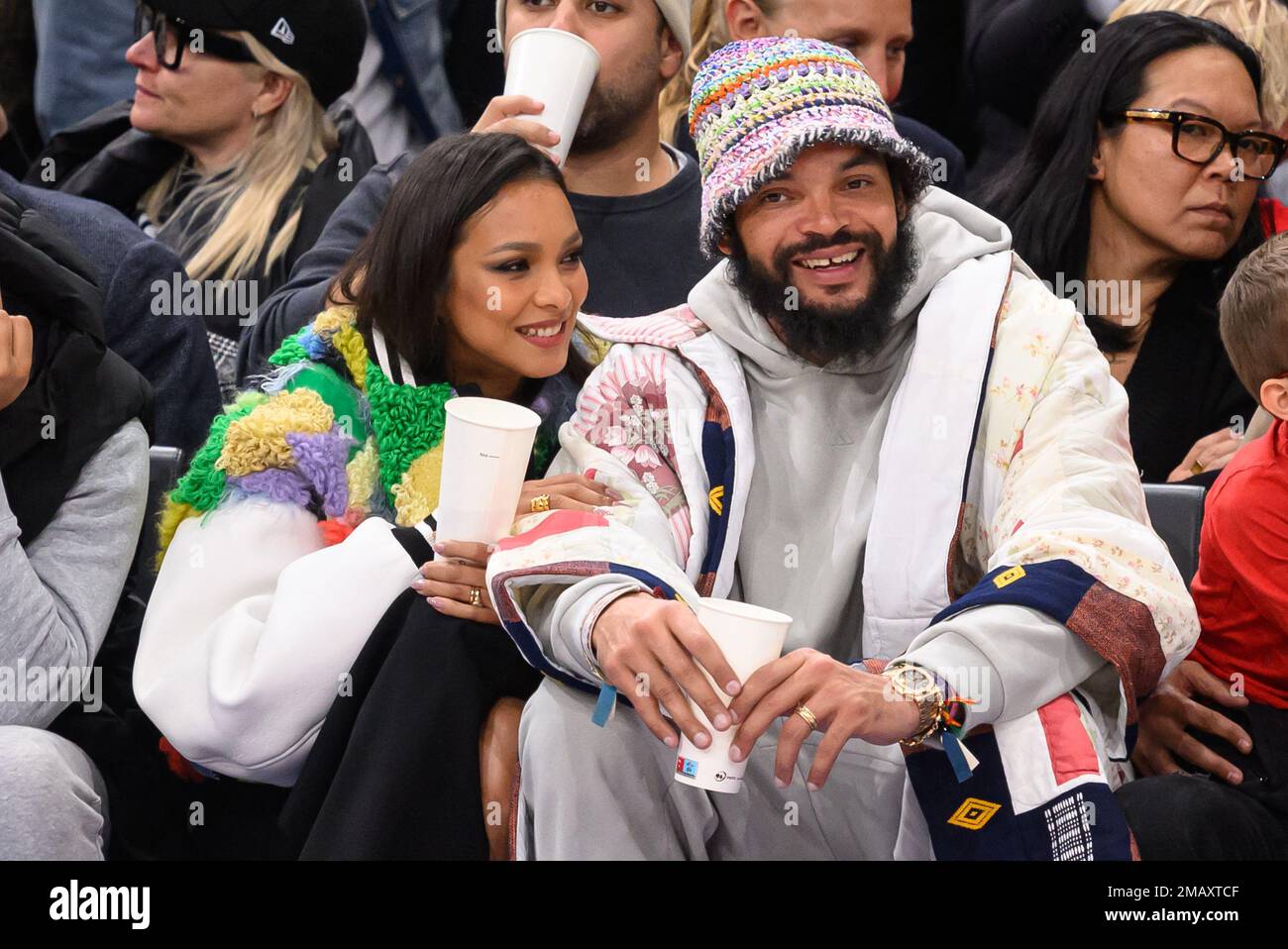 Joakim Noah and dis wife Lais Ribeiro attend the NBA Paris Game 2023 ...