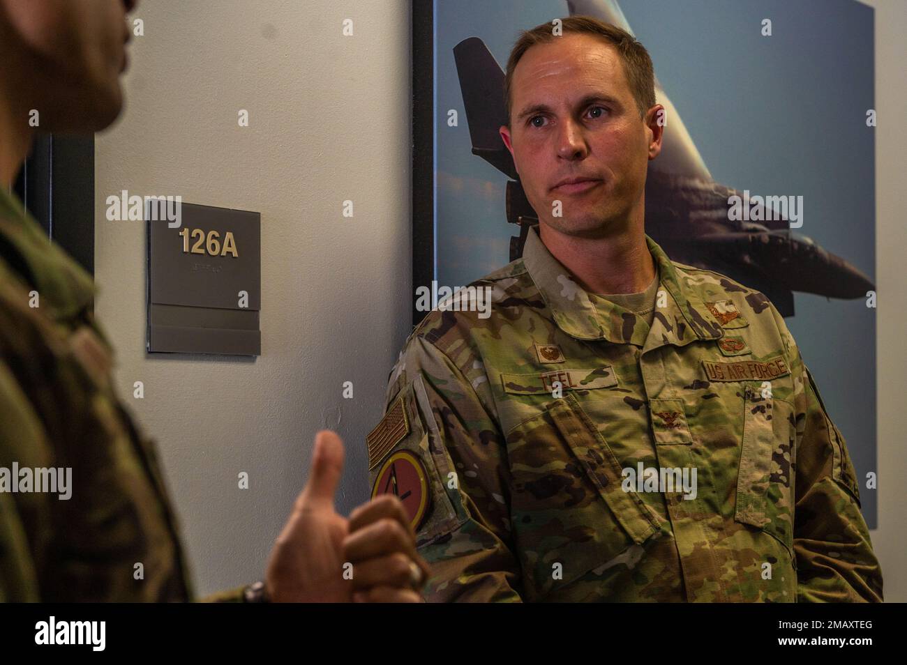 Col. Lucas Teel, 4th Fighter Wing commander, speaks to an Airman at ...