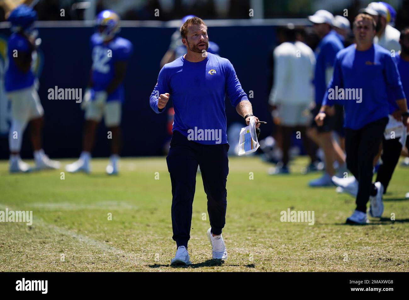 Los Angeles Rams head coach Sean McVay participates in drills at the ...