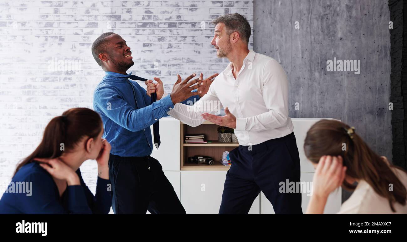 Angry Dominant Colleague Fighting And Bullying At Workplace Stock Photo ...