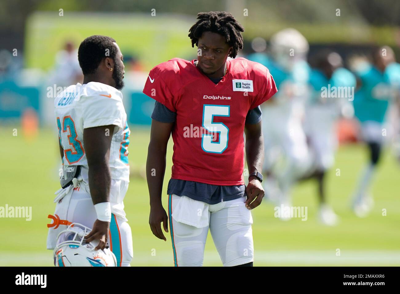 Miami Dolphins quarterback Teddy Bridgewater (5) talks with wide ...