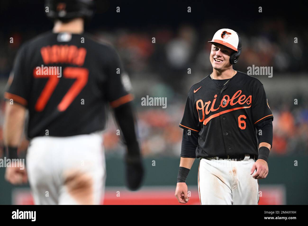 Baltimore Orioles' Ryan Mountcastle smiles in a baseball game, Friday ...