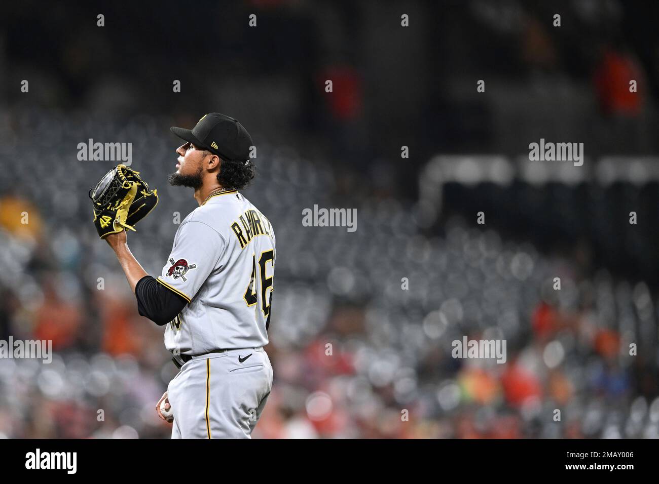 Pittsburgh Pirates pitcher Yohan Ramirez pauses before pitching in a ...