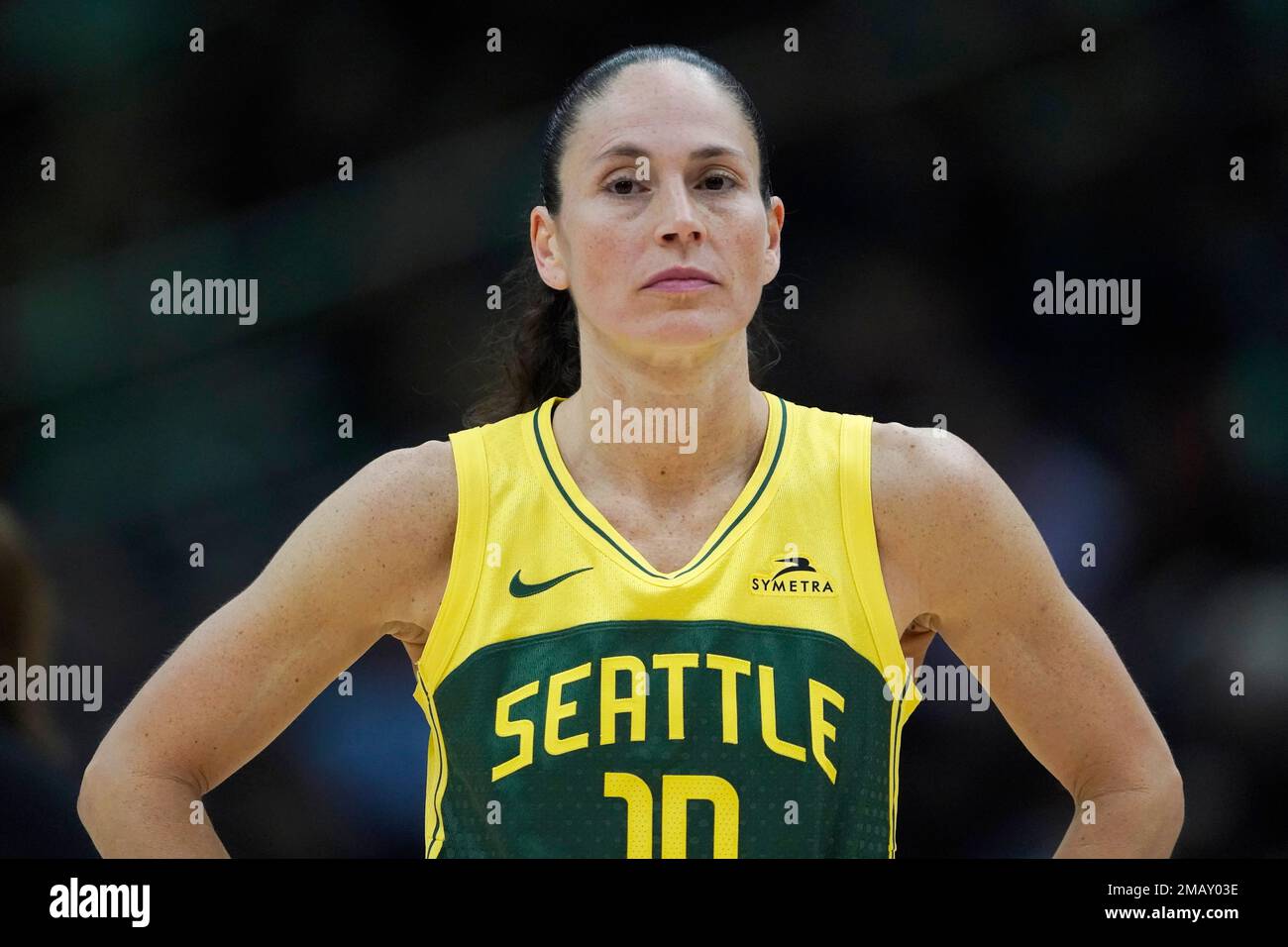 Seattle Storm guard Sue Bird stands on the court during a WNBA ...