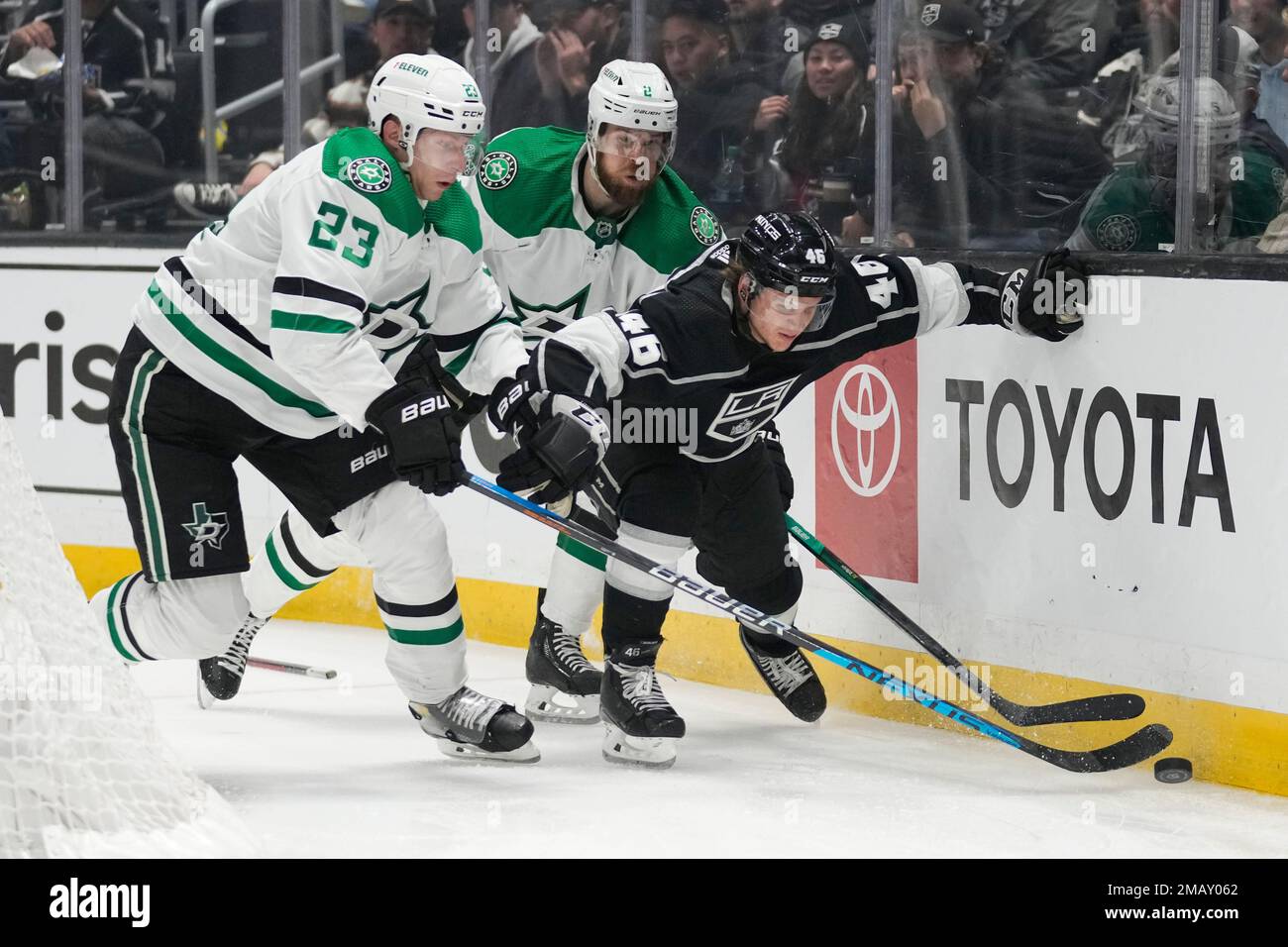 Los Angeles Kings center Blake Lizotte (46) defends against Dallas ...