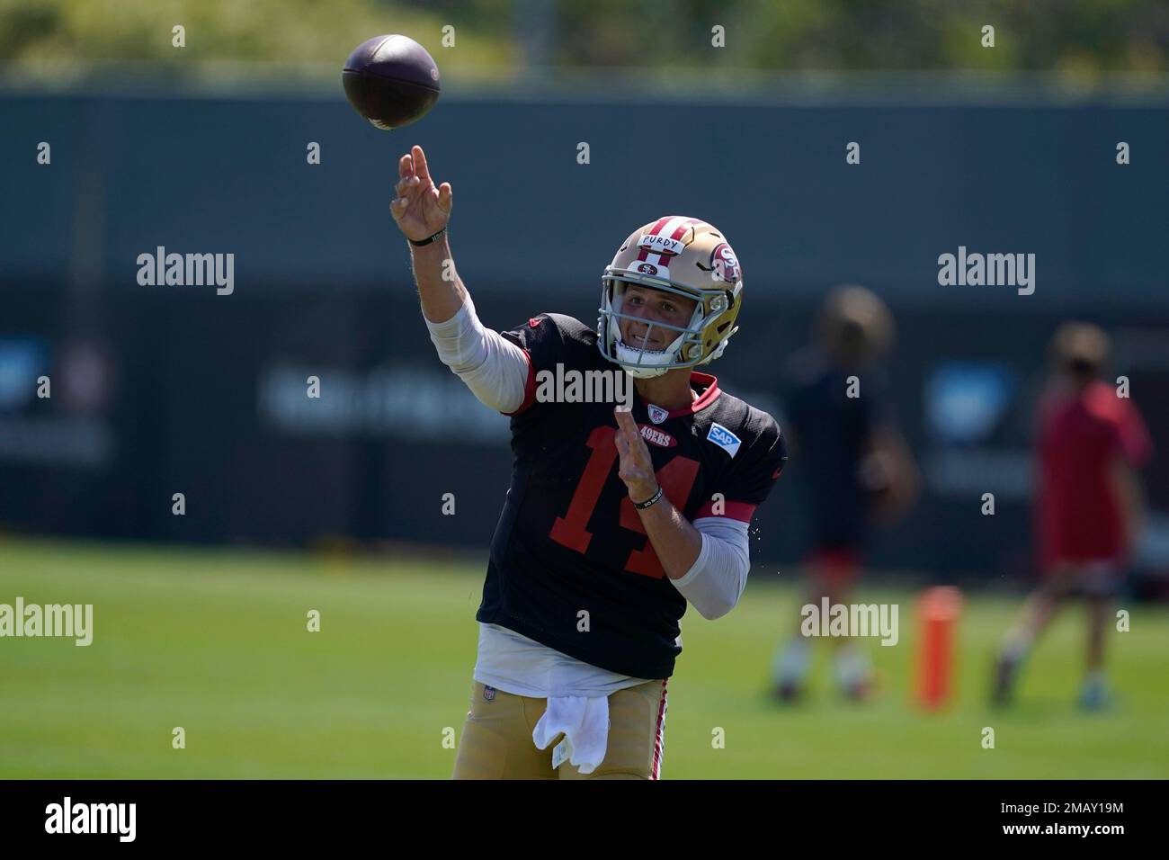 San Francisco 49ers quarterback Brock Purdy (14) takes part in drills ...