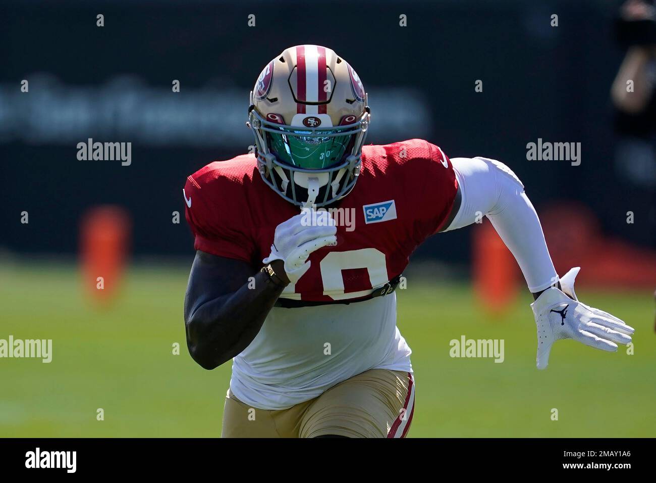 San Francisco 49ers wide receiver Deebo Samuel takes part in drills at ...