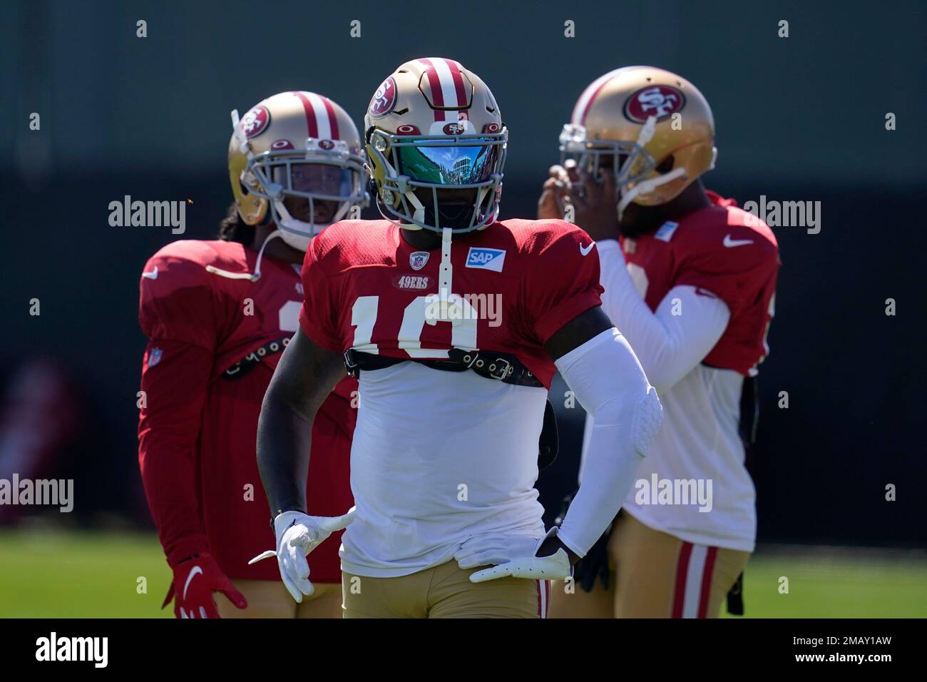 San Francisco 49ers wide receiver Deebo Samuel takes part in drills at ...