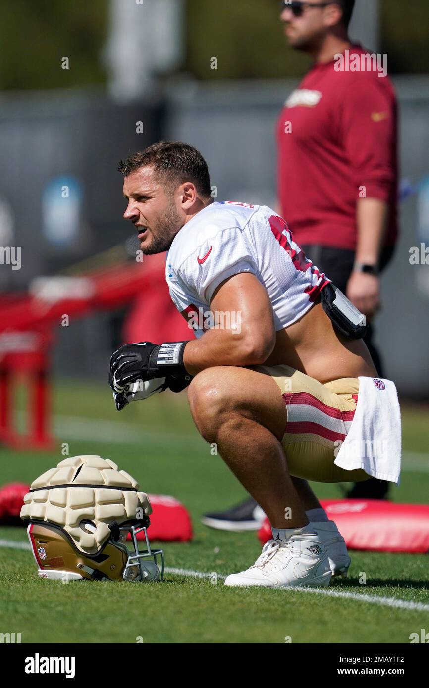San Francisco 49ers defensive end Nick Bosa takes part in drills at the ...