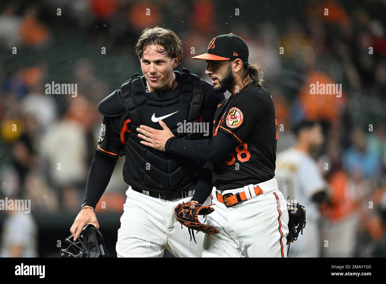 Baltimore Orioles pitcher Clonel Perez, right, and catcher Adley ...