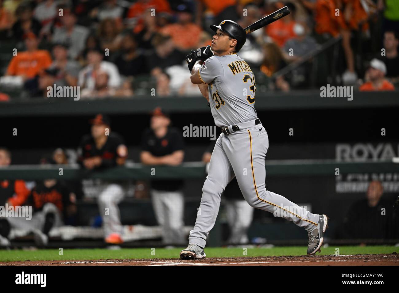 Pittsburgh Pirates' Cal Mitchell at bat against the Baltimore Orioles ...