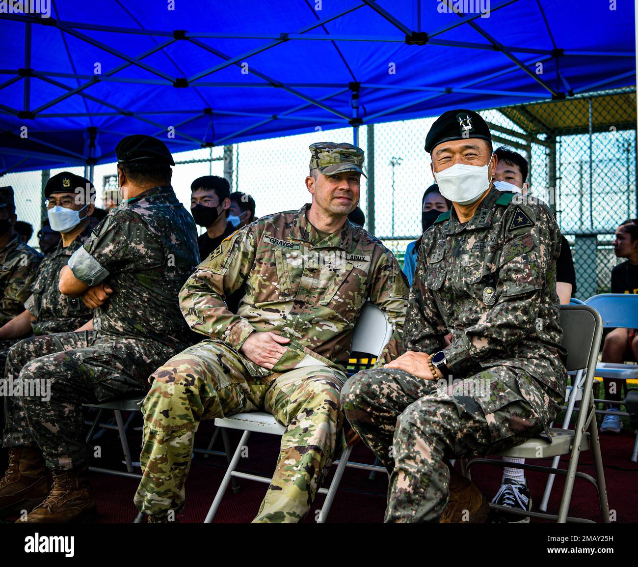 Col. Seth Graves, U.S. Army Garrison Humphreys commander, speaks with ...