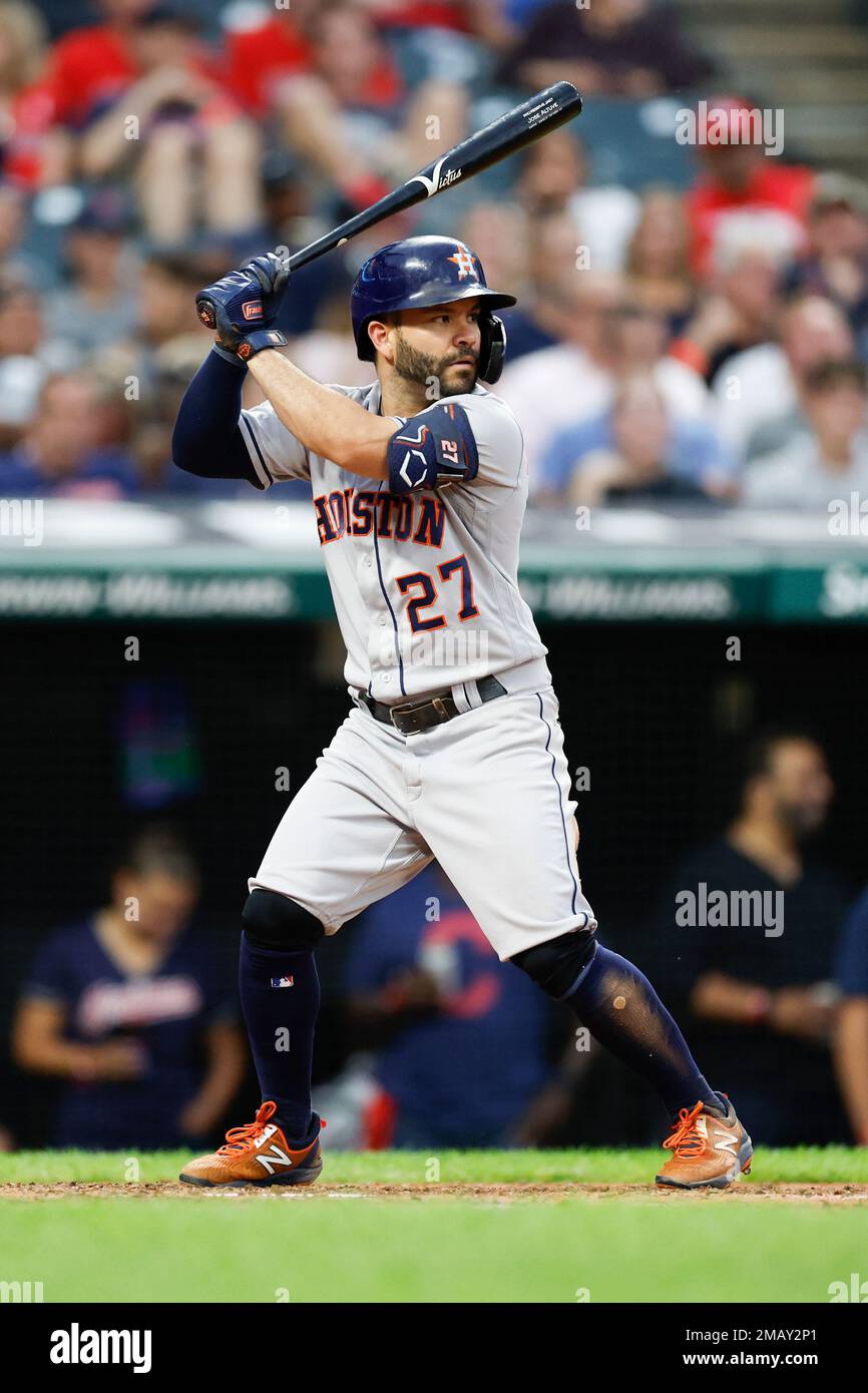 Houston Astros' Jose Altuve bats against the Cleveland Guardians during the fourth inning of a ...