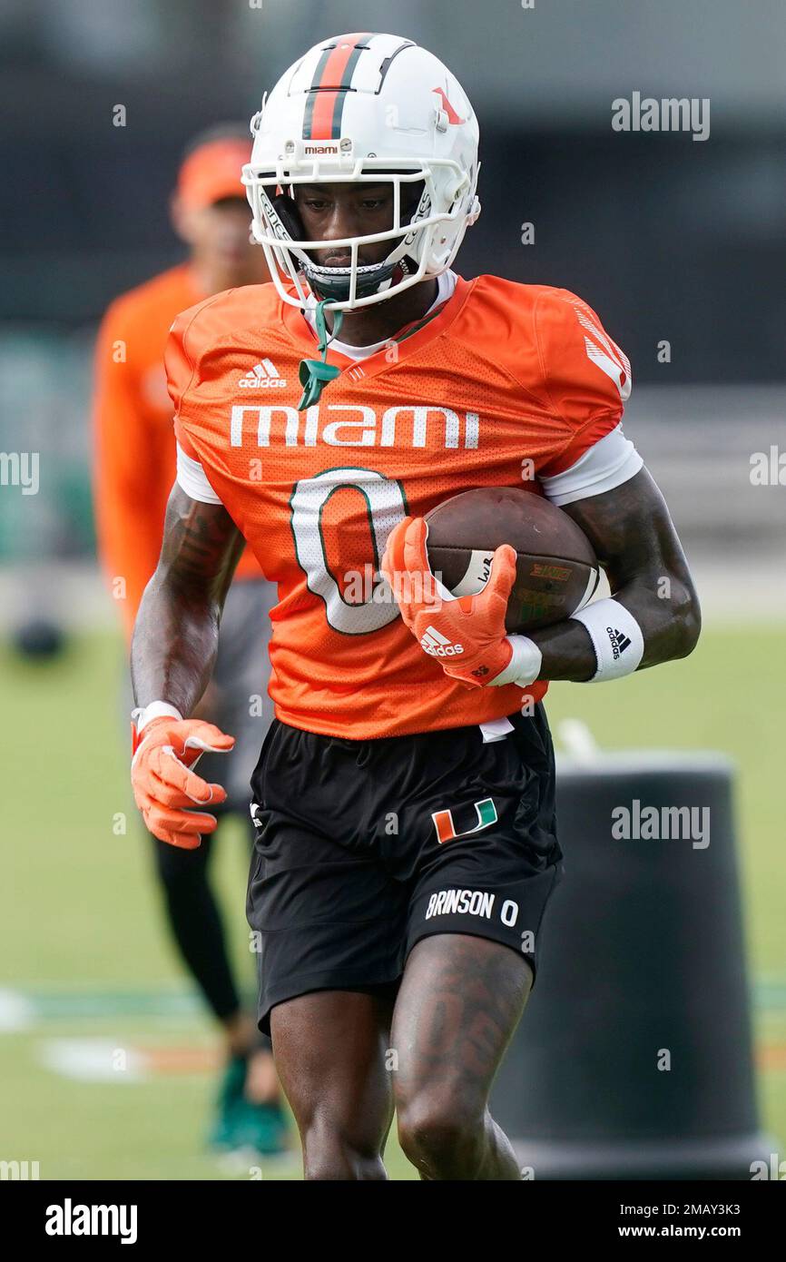 Miami wide receiver Romello Brinson (0) runs with the ball during the ...