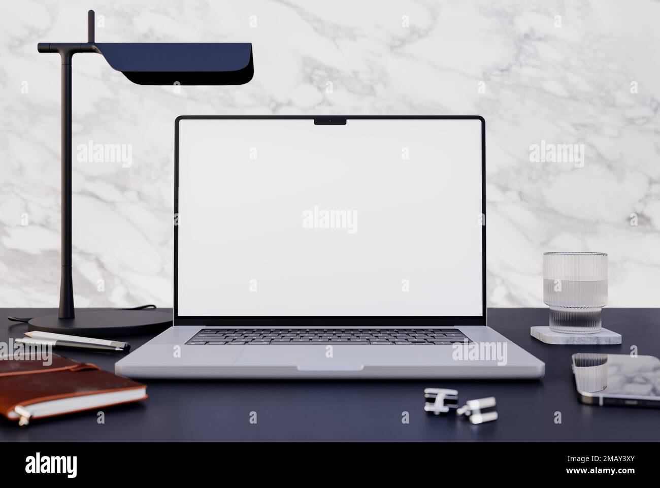 A 3D rendering of a laptop with a white screen on a black table next to ...