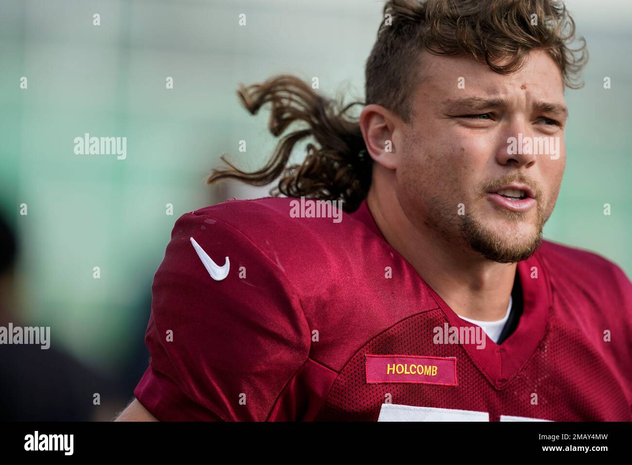 Washington Commanders linebacker Cole Holcomb (55) arrives for practice ...