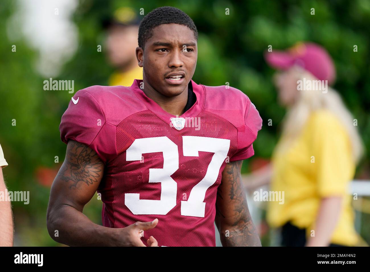Washington Commanders cornerback DeJuan Neal (37) arrives for practice ...