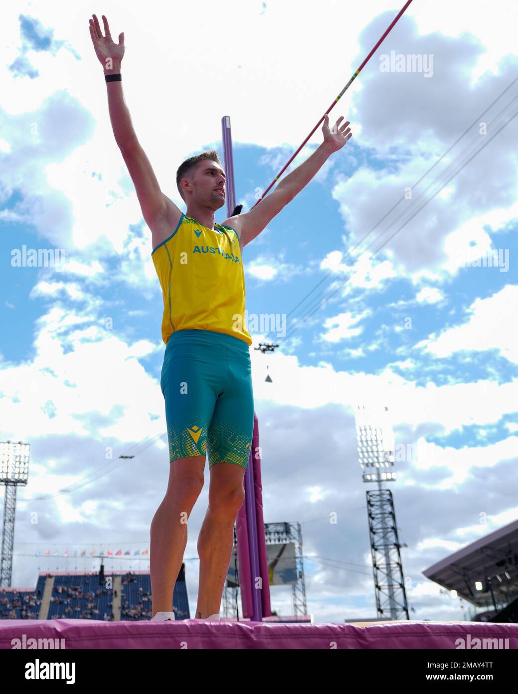 Cedric Dubler of Australia reacts in the decathlon pole vault during ...