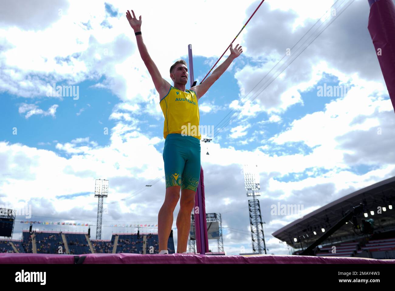 Cedric Dubler of Australia reacts in the decathlon pole vault during ...