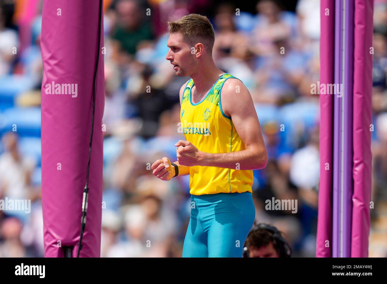 Cedric Dubler of Australia reacts in the decathlon pole vault during ...