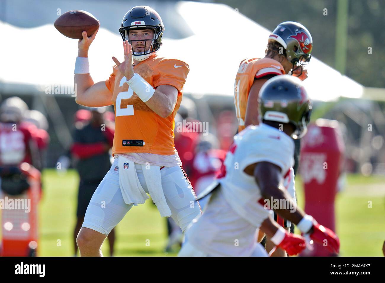 Tampa Bay Buccaneers quarterback Kyle Trask (2) throws a pass during an ...