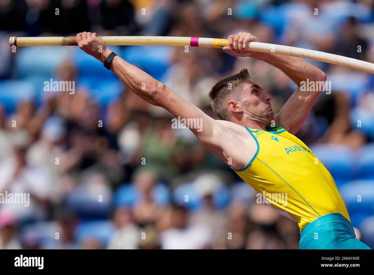 Cedric Dubler of Australia competes in the decathlon pole vault during ...