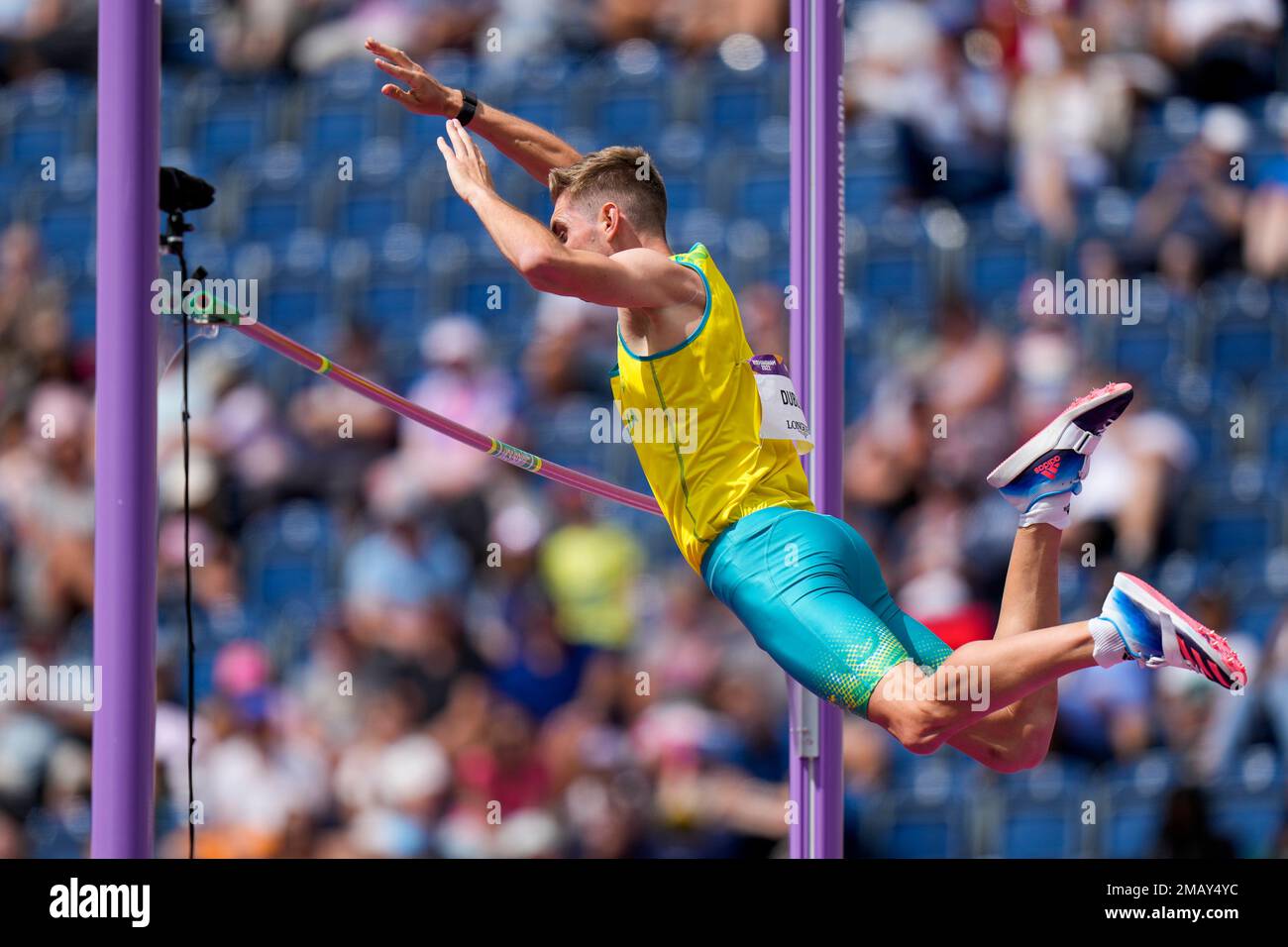 Cedric Dubler of Australia competes in the decathlon pole vault during ...