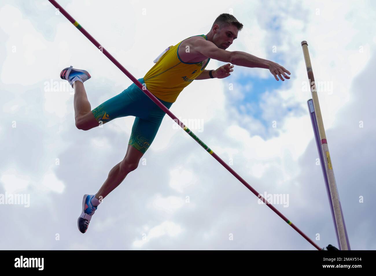 Cedric Dubler of Australia competes in the decathlon pole vault during ...
