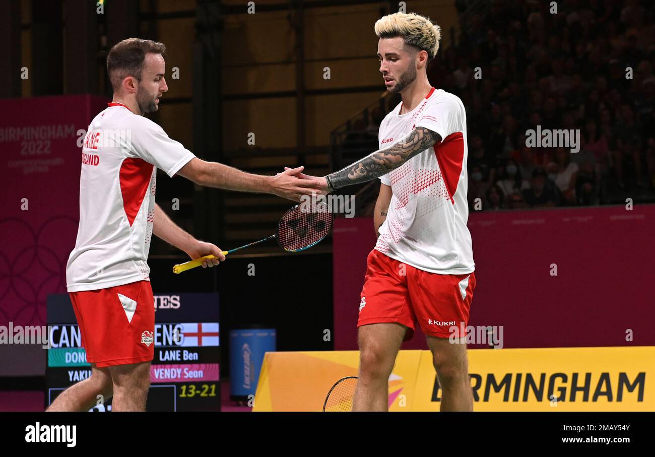 England's Sean Vendy and Ben Lane, left, during the Badminton Men's ...