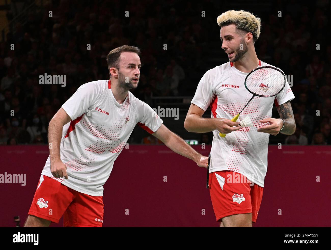 England's Sean Vendy and Ben Lane, left, during the Badminton Men's ...