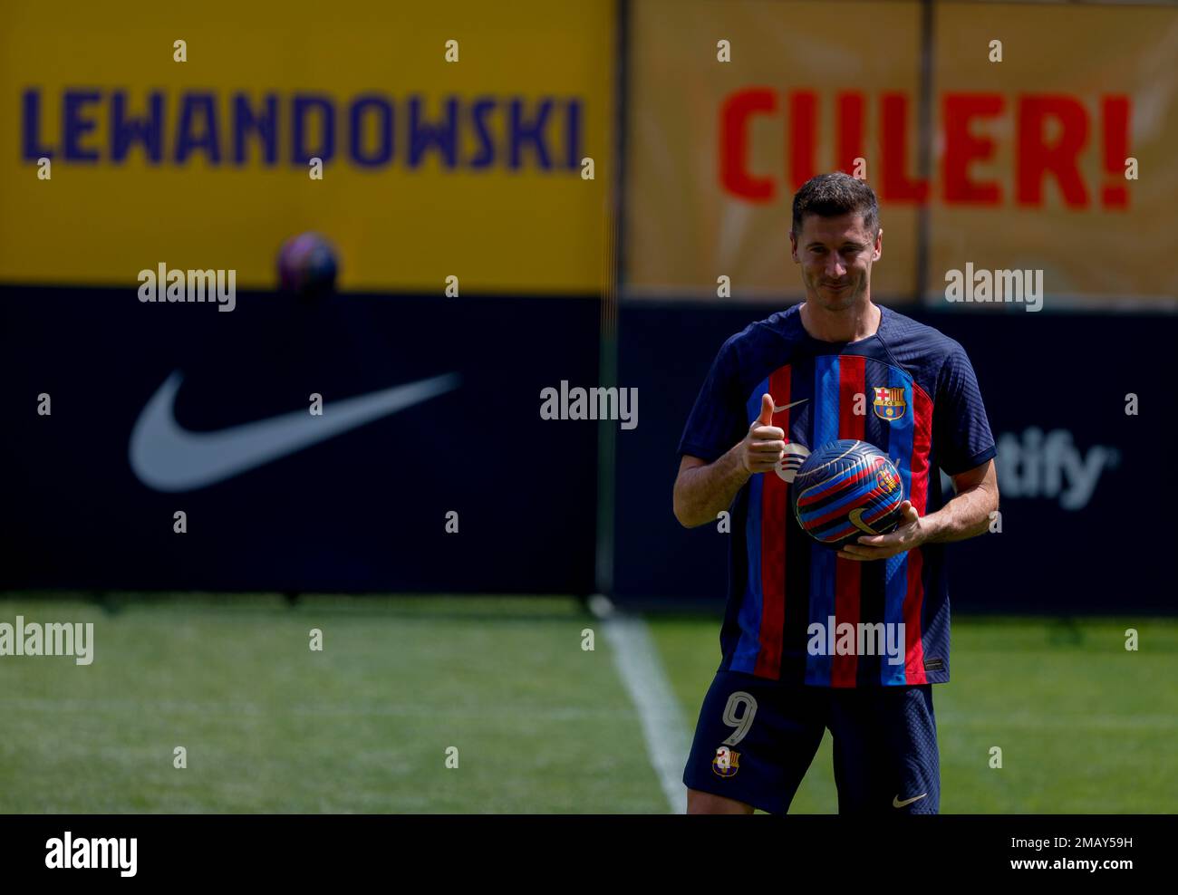 Polish forward Robert Lewandowski poses for the media during the ...
