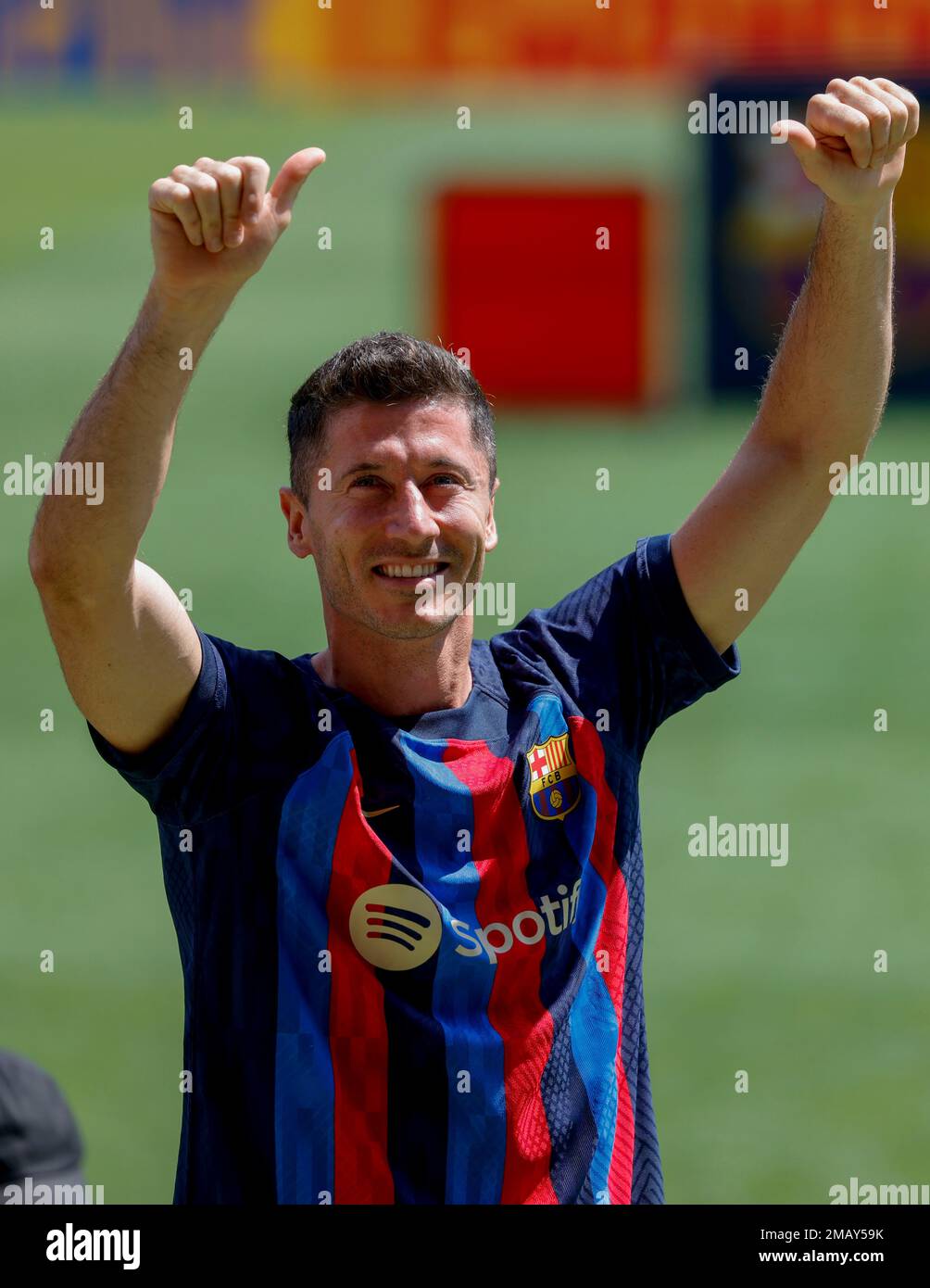 Polish forward Robert Lewandowski waves during the official ...