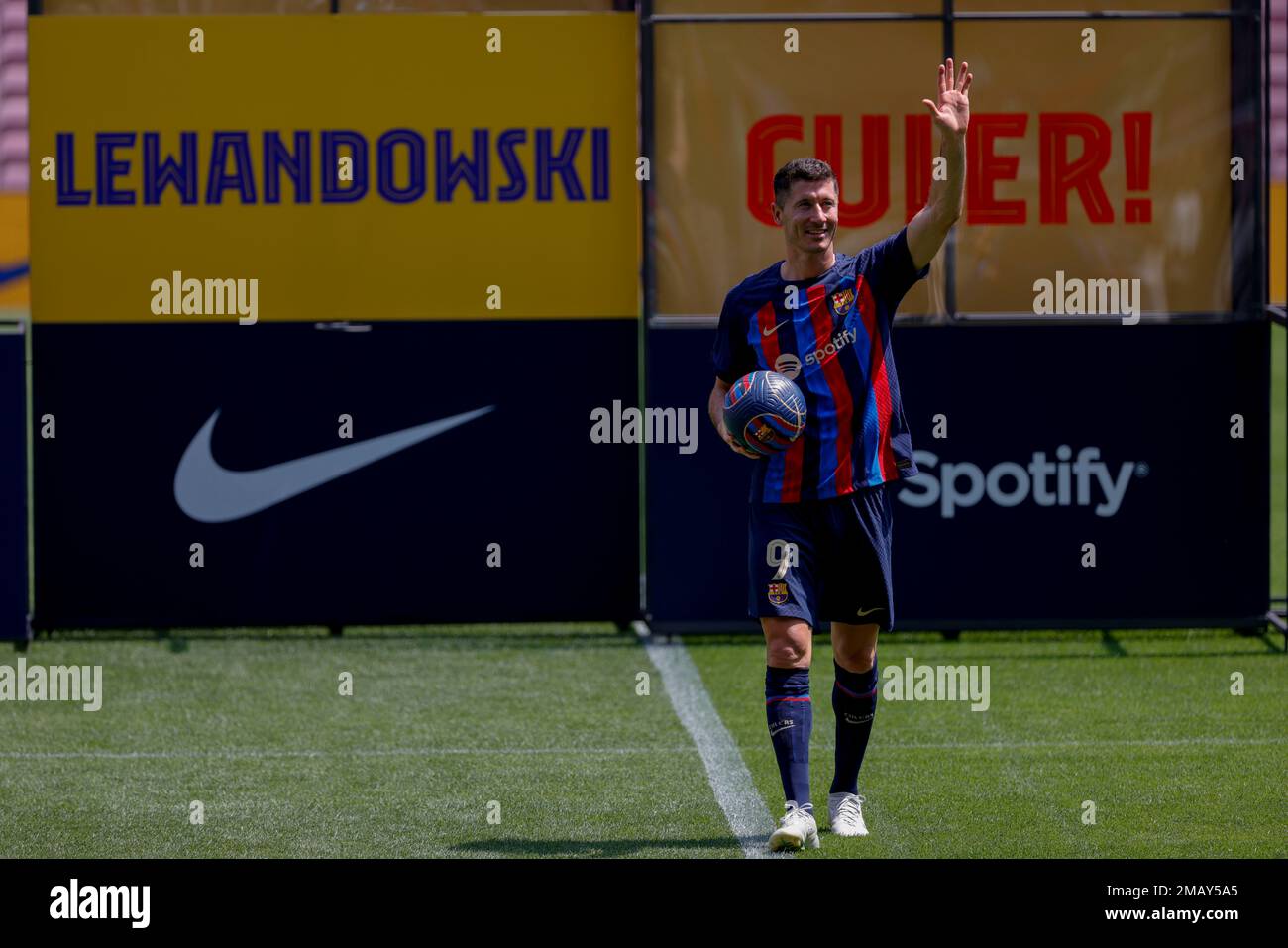 Polish forward Robert Lewandowski waves during the official ...