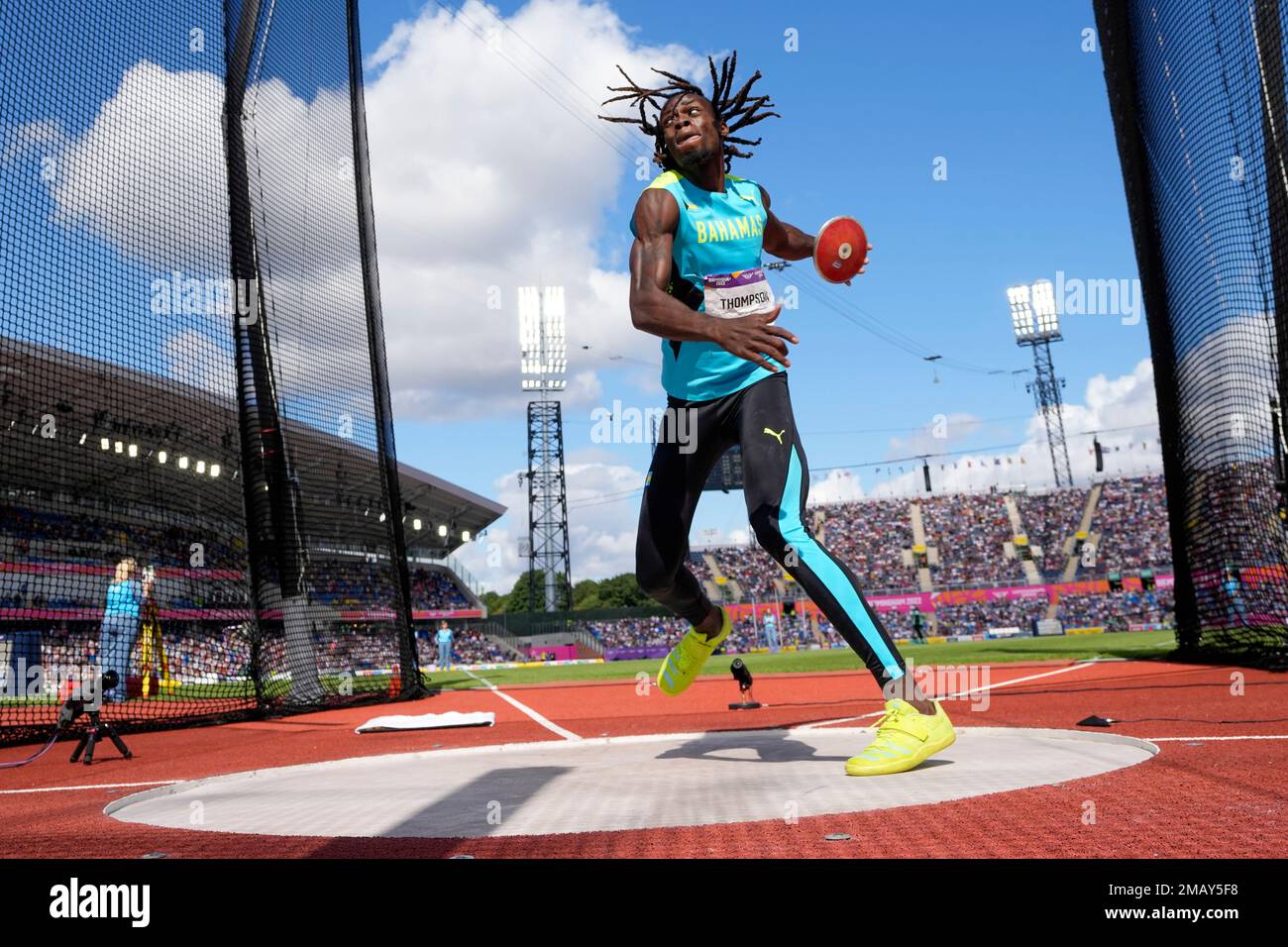 Kendrick Thompson of the Bahamas throws the discus in the decathlon ...