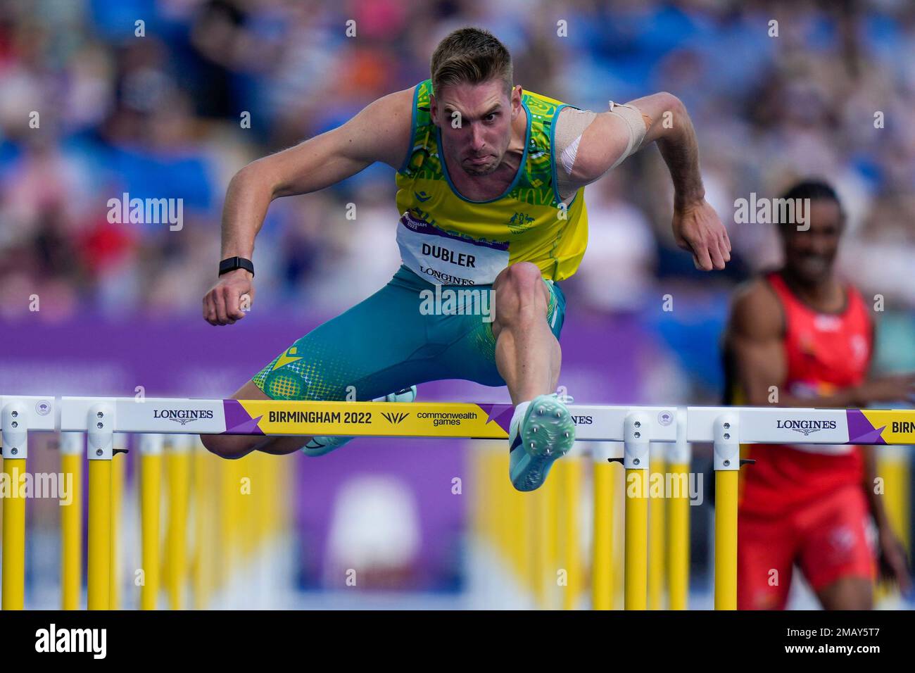 Cedric Dubler of Australia competes in the decathlon 110 meter hurdles ...