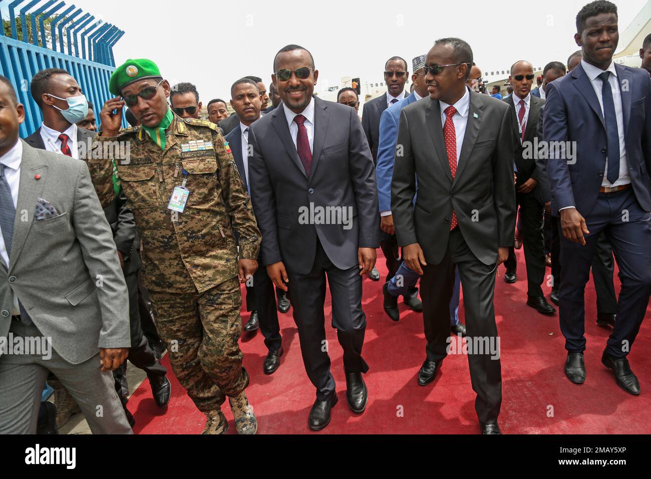 FILE - Ethiopia's Prime Minister Abiy Ahmed, center, arrives for the inauguration ceremony of ...