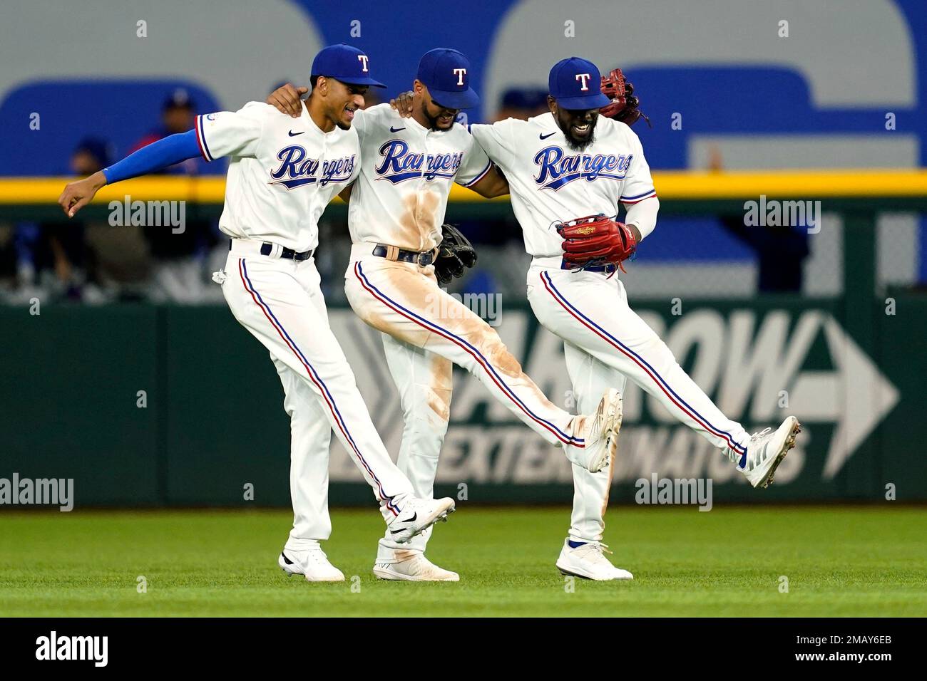 Texas Rangers' Bubba Thompson, Leody Taveras and Adolis Garcia, from ...