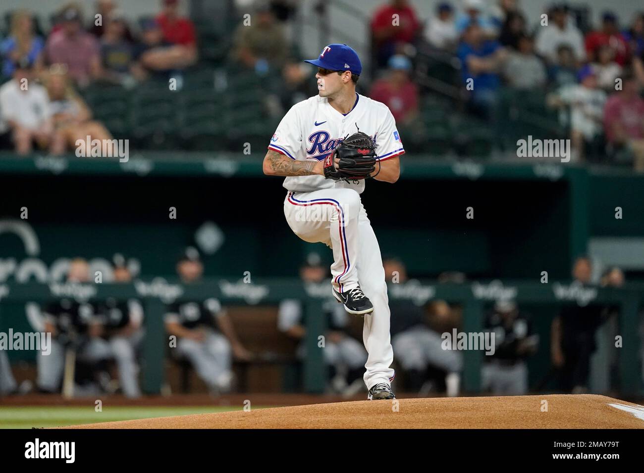 Texas Rangers starting pitcher Cole Ragans throws his first pitch in ...
