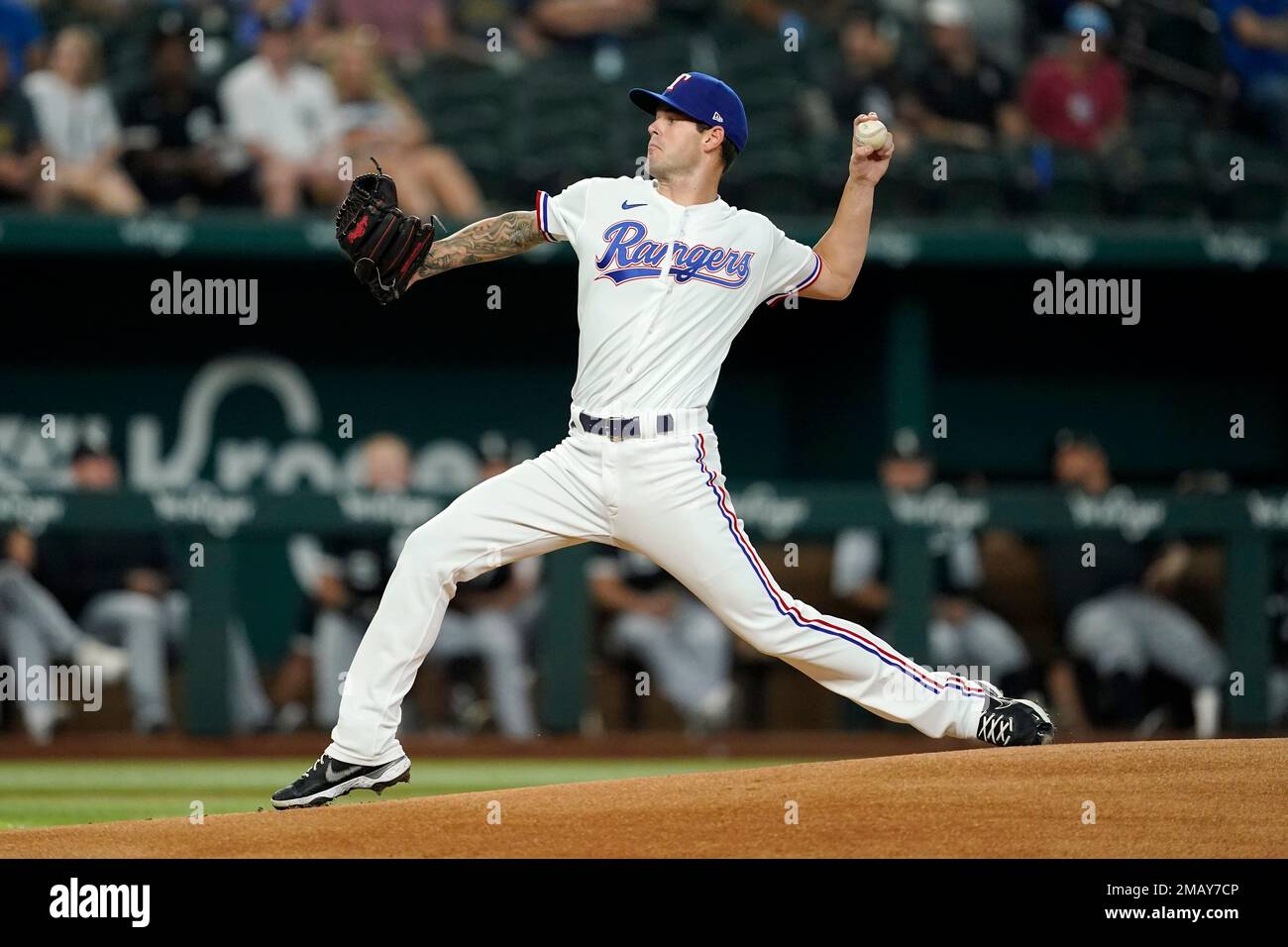 Texas Rangers starting pitcher Cole Ragans throws his first pitch in ...