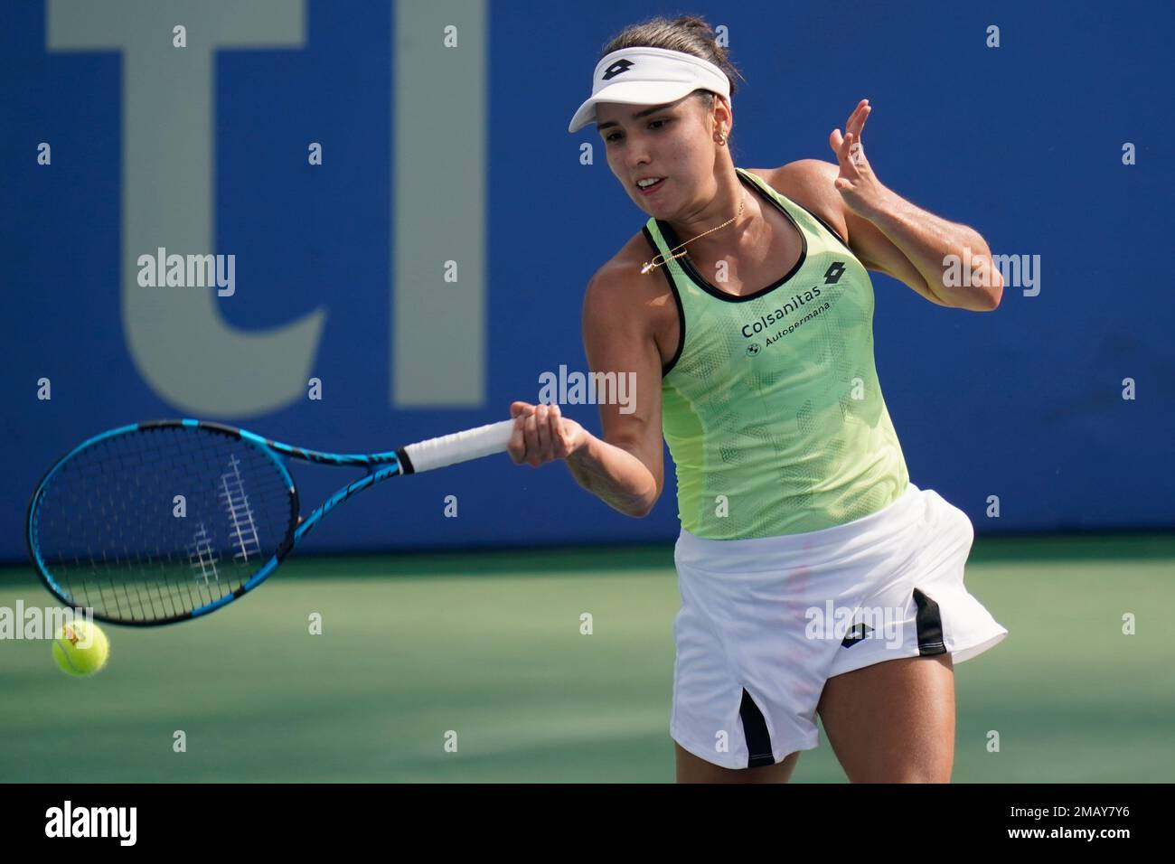 Camila Osorio, of Colombia, returns during a match against Emma Raducanu, of Britain, at the ...