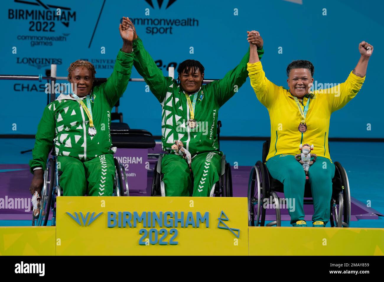 Nigeria's Alice Oluwafemiayo, center, Nigeria's Bose Omolayo, left, and ...