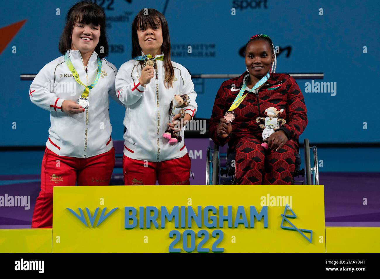 England's Zoe Newson, center, England's Olivia Broome, left, and Kenya ...
