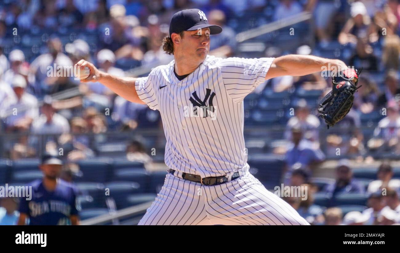 New York Yankees pitcher Gerrit Cole delivers against the Seattle ...
