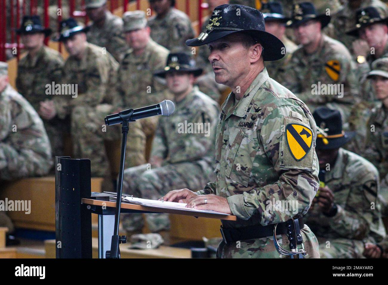 Col. Reggie Harper, commander of 1st Air Cavalry Brigade, gives remarks ...