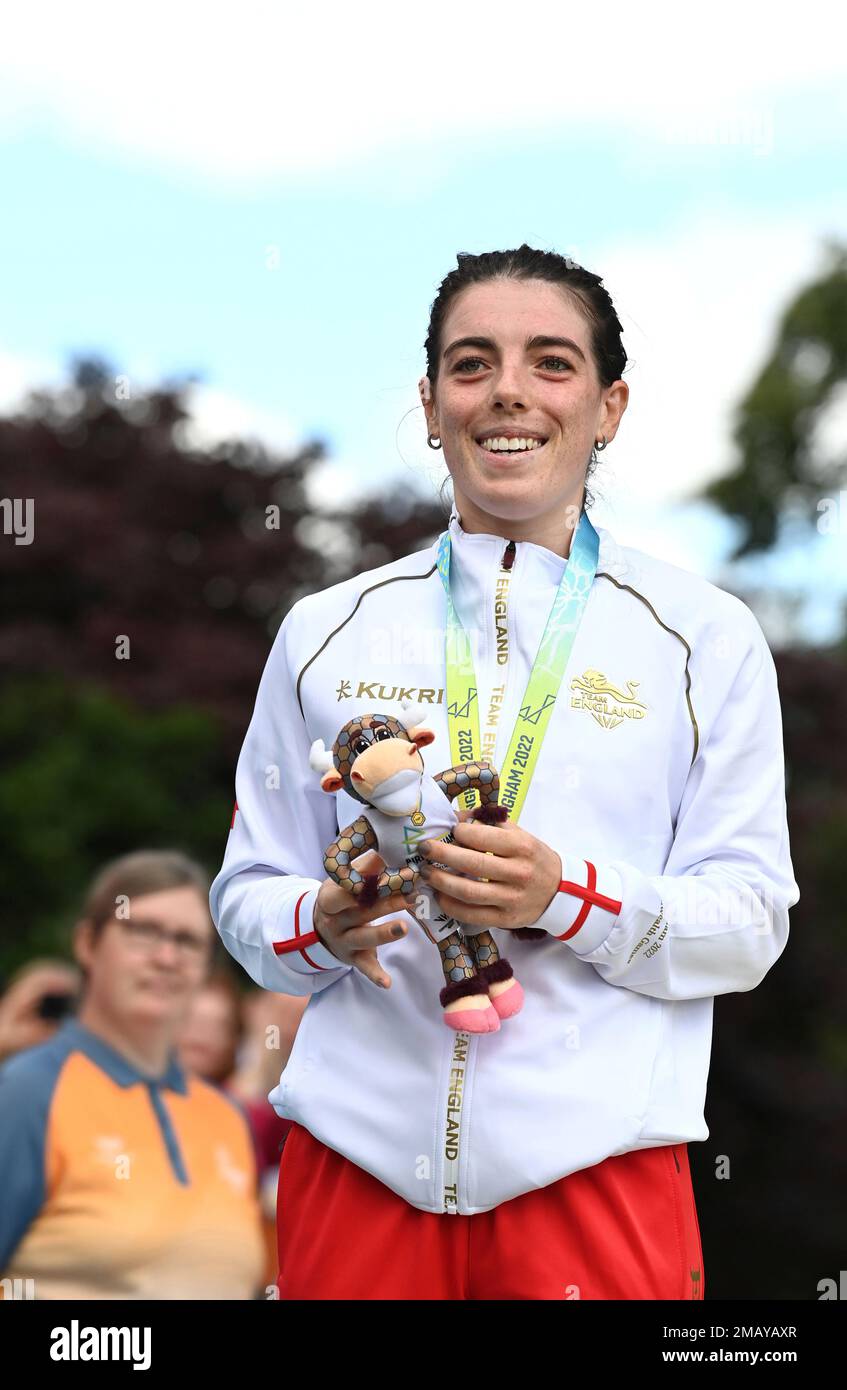 Silver medal winner Anna Henderson of England poses on the podium after ...