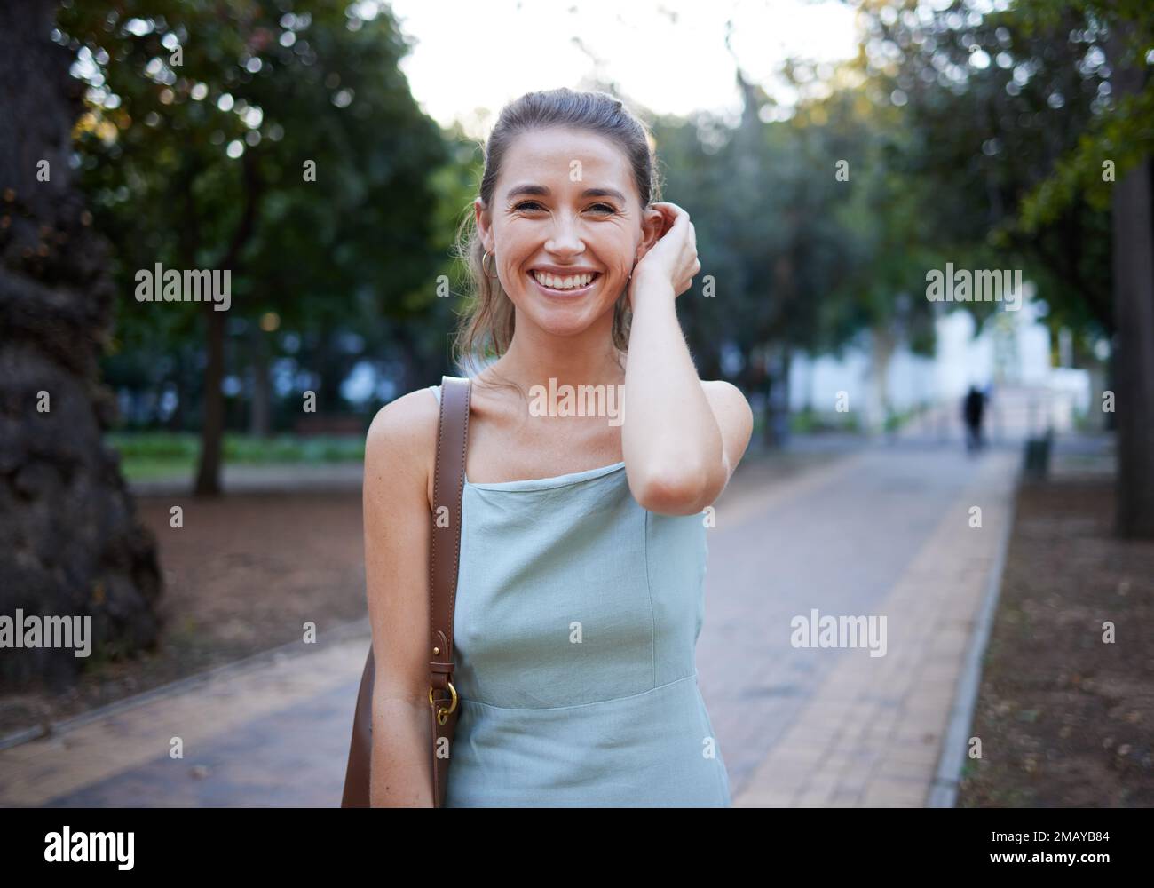 Student, woman smile portrait and park walking of a person happy in a ...